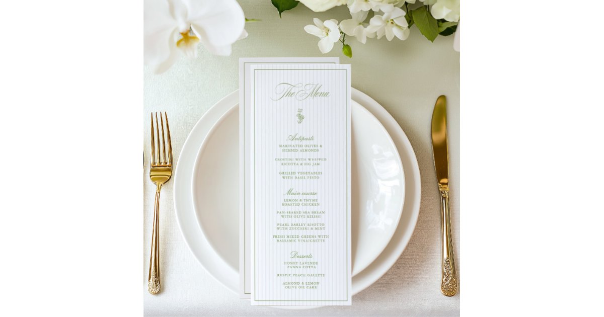Classic Sage Green & Beige Striped Wedding Menu | Zazzle