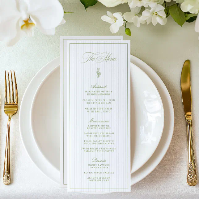 Classic Sage Green & Beige Striped Wedding Menu | Zazzle