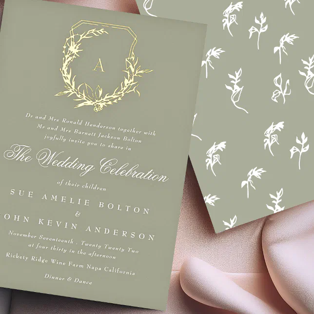 classic sage green gold monogram crest wedding foil invitation | Zazzle