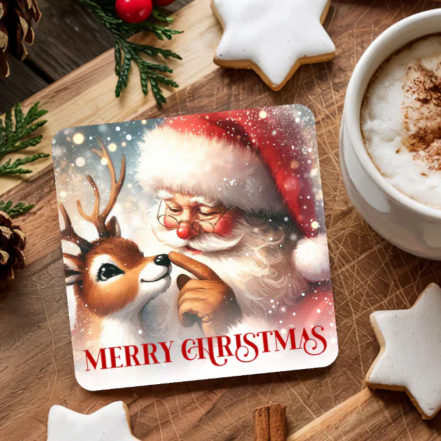 Classic Santa Claus and Rudolph Festive Coasters | Zazzle