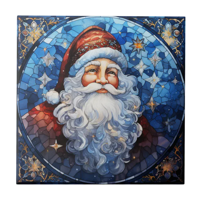 Classic Santa Claus Blue Stained Glass Ceramic Tile | Zazzle