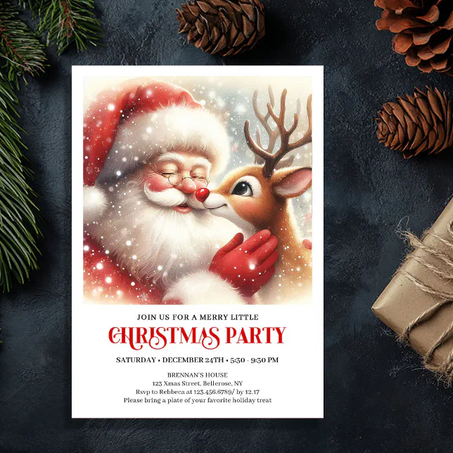 Classic Santa Claus Rudolph Christmas Joyful Party Invitation | Zazzle