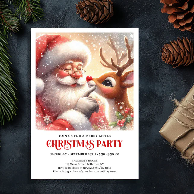 Classic Santa Rudolph Holiday Magic Winter Party Invitation | Zazzle