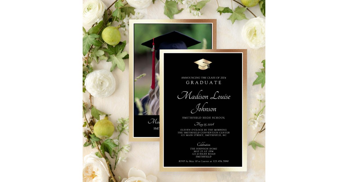 Classic Script Black & Gold Photo Graduation Invitation | Zazzle