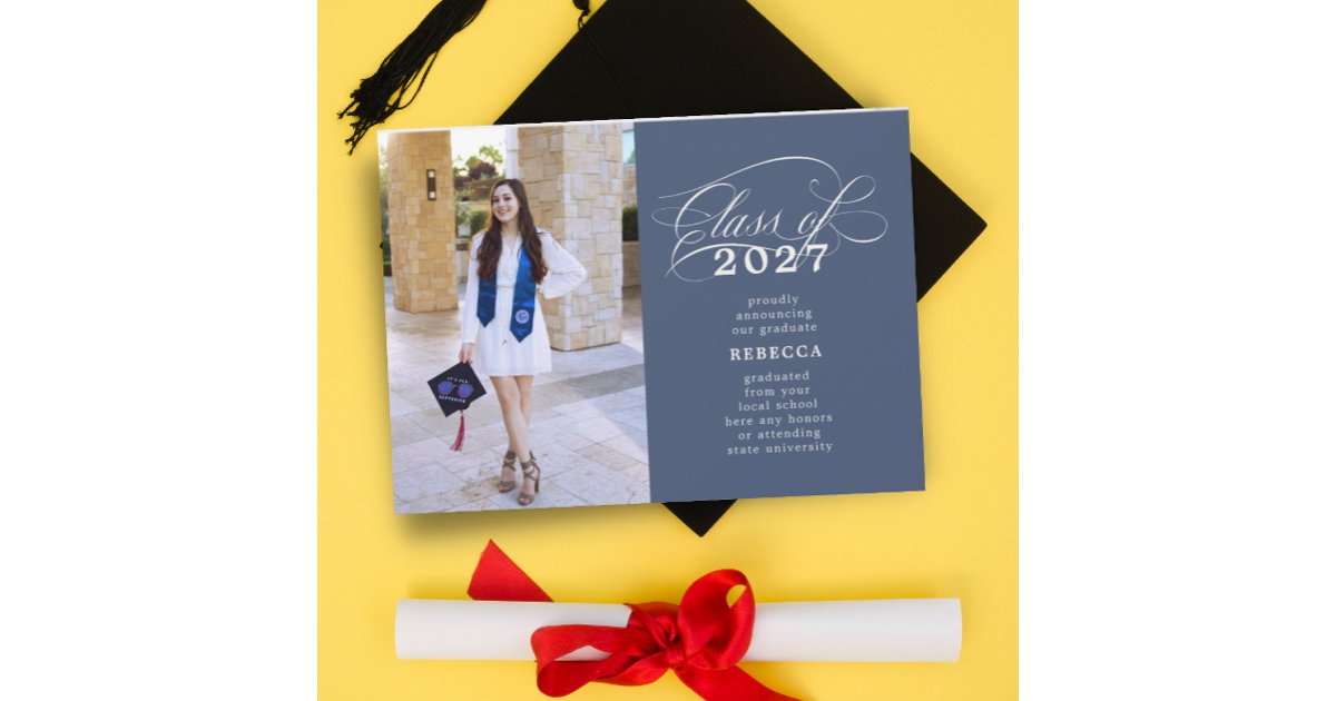 Classic Script Blue Photo Graduation Announcement | Zazzle