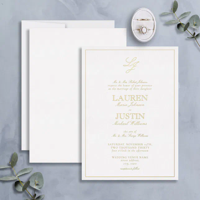 Classic Script Calligraphy Monogram Wedding Gold Foil Invitation | Zazzle