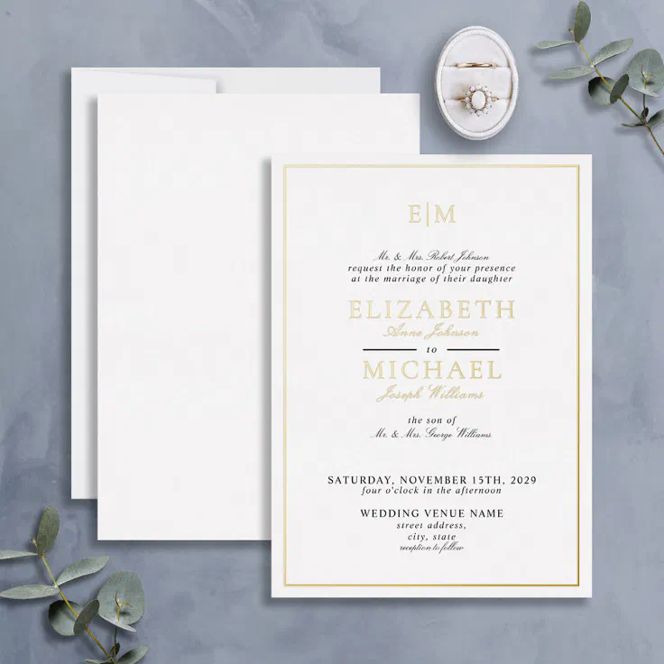 Classic Script Monogram Wedding Black & Gold Foil Foil Invitation | Zazzle