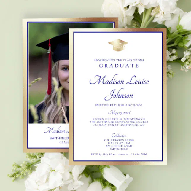 Classic Script Navy Blue & Gold Photo Graduation Invitation | Zazzle