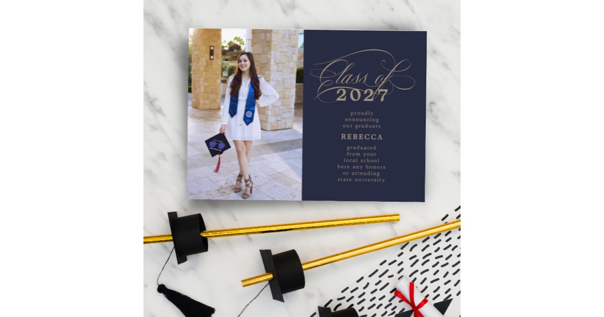 Classic Script Navy Gold Graduation Announcement | Zazzle