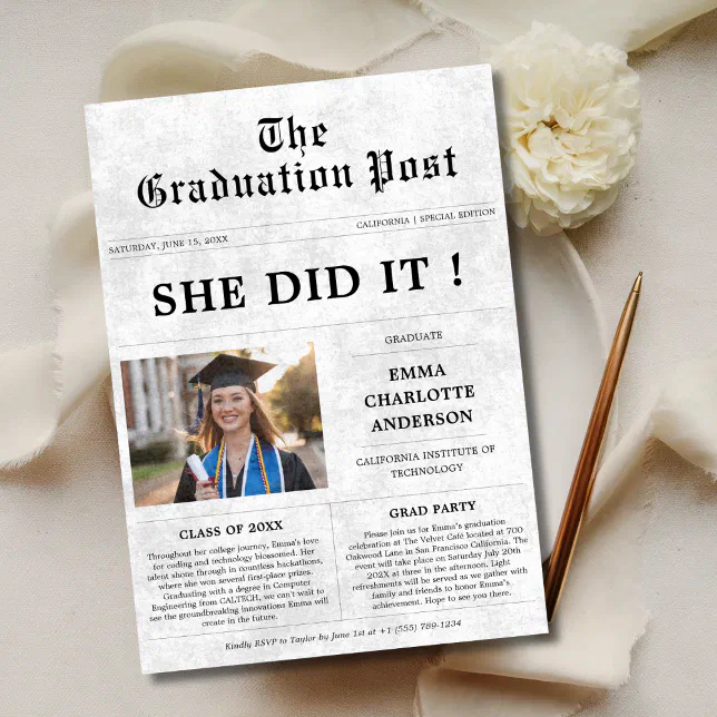 Classic She Did it | Graduation Newspaper Photo Invitation | Zazzle