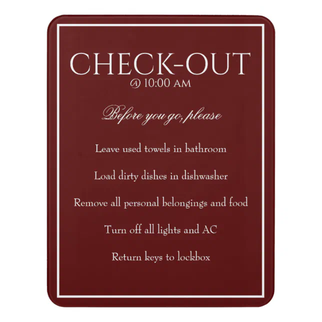 Classic Simple Deep Red Guest Check Out Sign | Zazzle