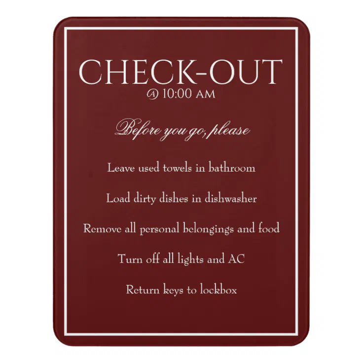 Classic Simple Deep Red Guest Check Out Sign | Zazzle