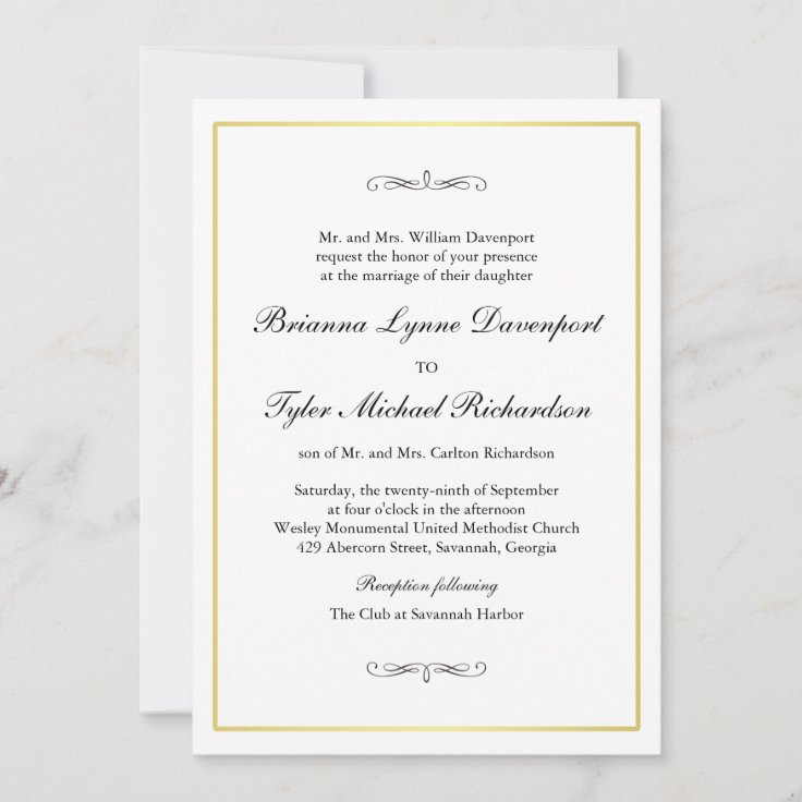 Classic Simple Elegance Wedding Gold Border Invitation | Zazzle