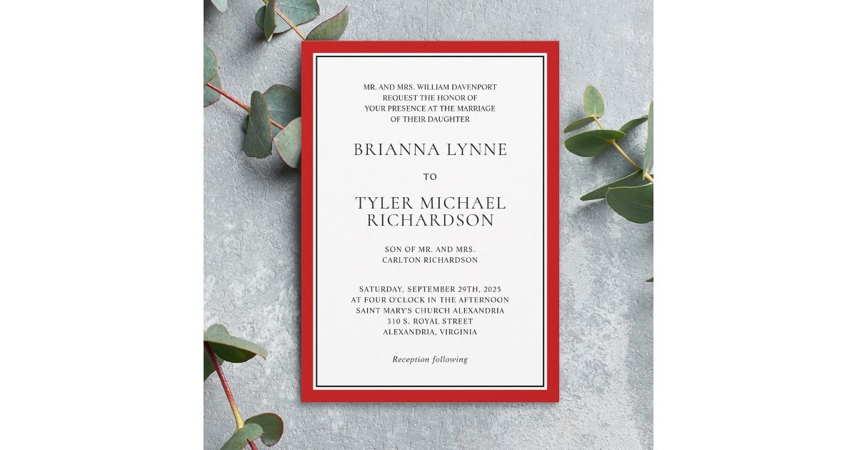 Classic Simple Elegant Red Edging Wedding Invitation | Zazzle