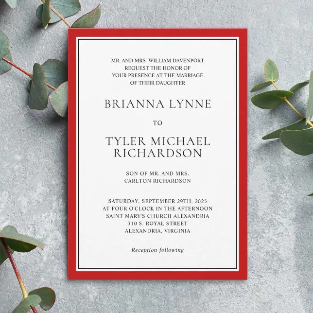 Classic Simple Elegant Red Edging Wedding Invitation | Zazzle