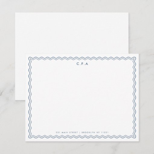 Classic Simple Navy Blue 3 Monogram Wave Border Note Card | Zazzle
