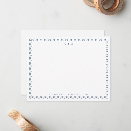 Classic Simple Navy Blue 3 Monogram Wave Border Note Card | Zazzle