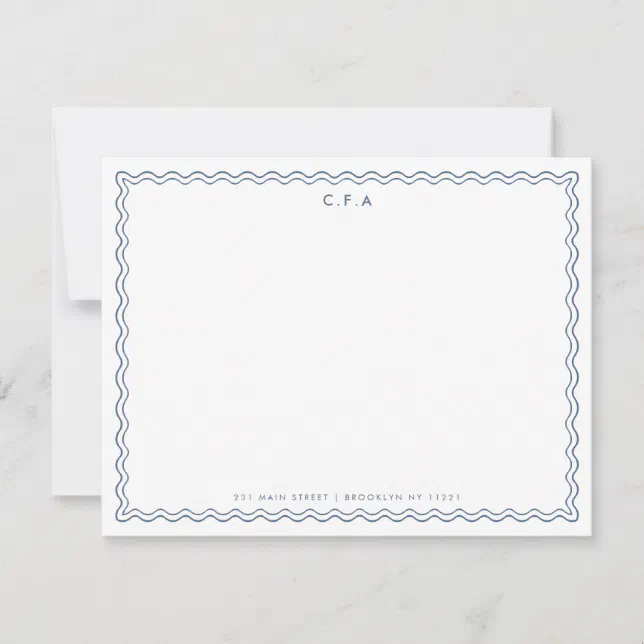 Classic Simple Navy Blue 3 Monogram Wave Border Note Card | Zazzle
