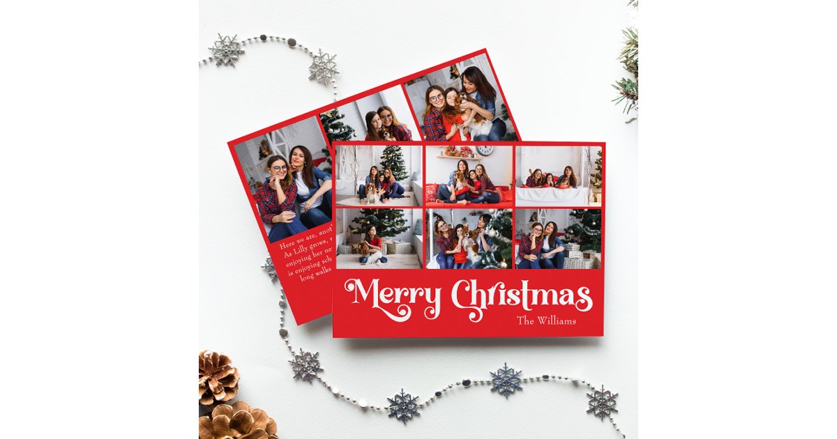 Classic Simple Red Merry Christmas Nine Photo Holiday Card | Zazzle