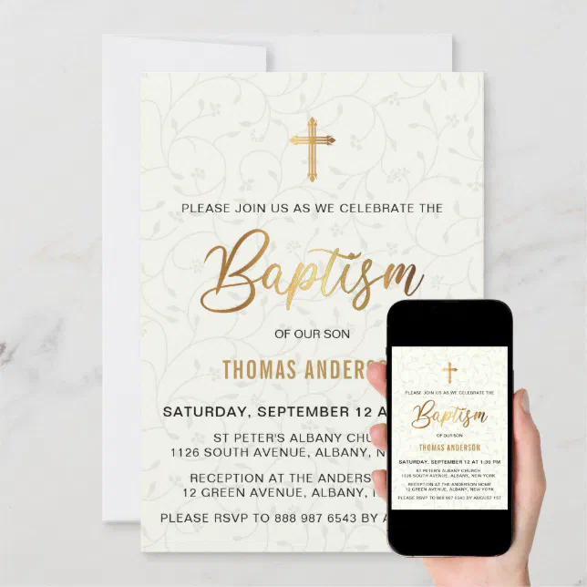 Classic Simple Vintage Gold Baptism Invitation | Zazzle
