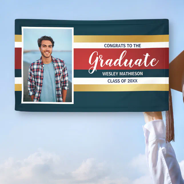 Classic Stripes Graduate Photo Graduation Party Banner | Zazzle