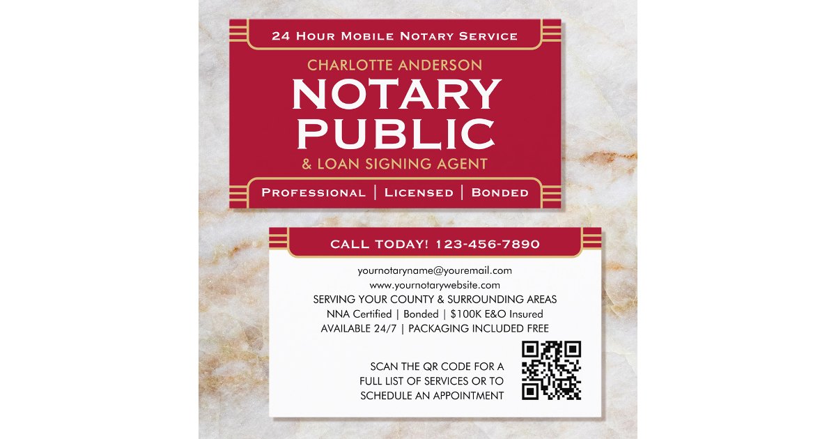 Classic Style Mobile Notary Public ID Red Gold Business Card | Zazzle
