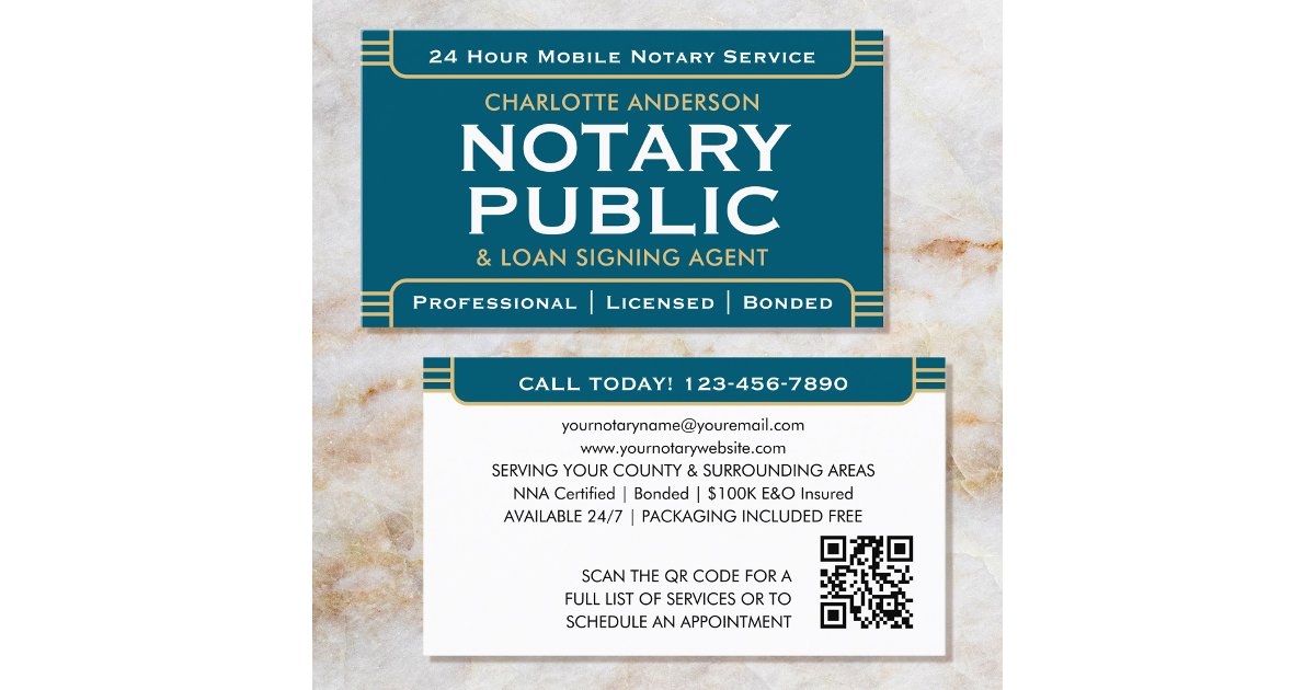 Classic Style Mobile Notary Public ID Teal Gold Business Card | Zazzle