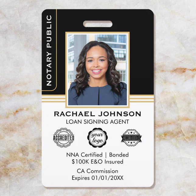 Classic Style Notary Signing Agent ID Black Gold Badge | Zazzle