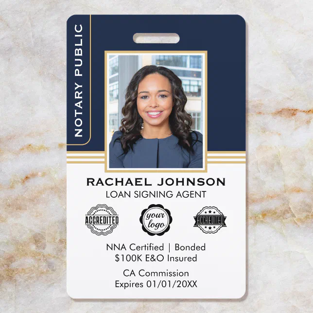 Classic Style Notary Signing Agent ID Blue Gold Badge | Zazzle