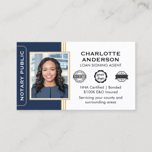 Classic Style Notary Signing Agent ID Blue Gold Business Card | Zazzle