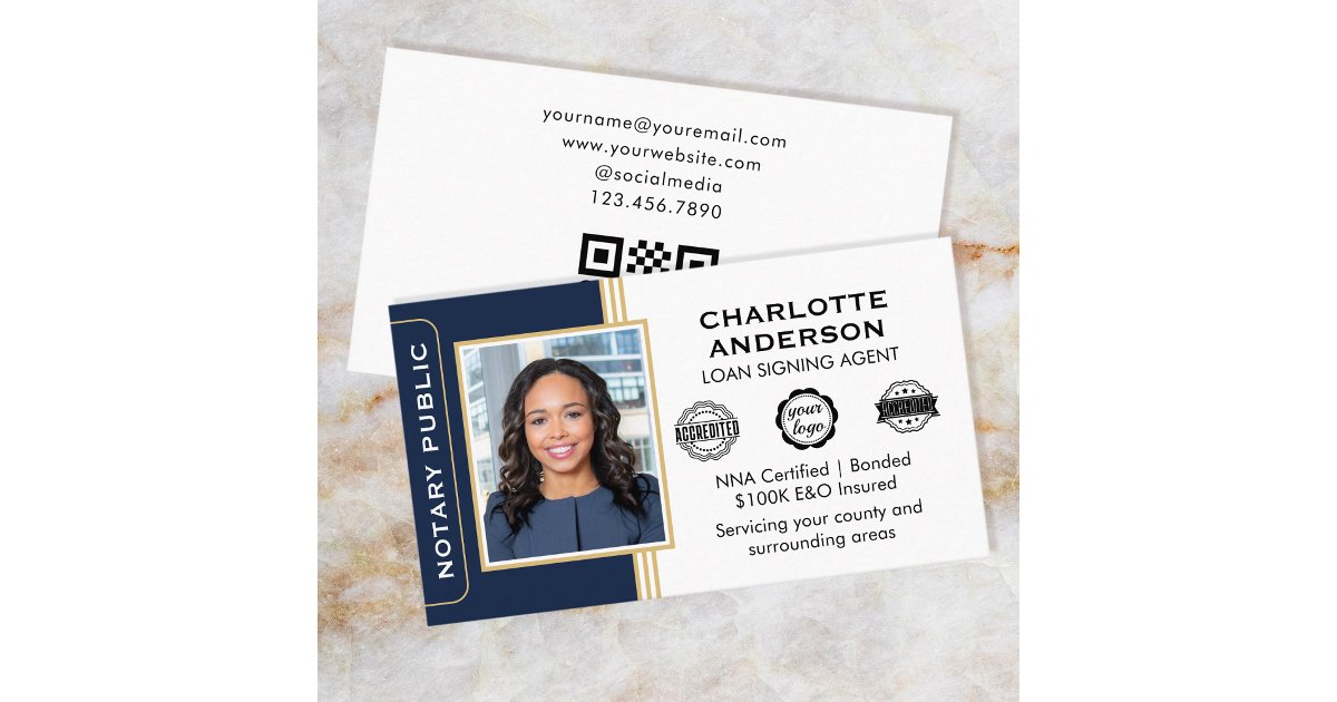 Classic Style Notary Signing Agent ID Blue Gold Business Card | Zazzle
