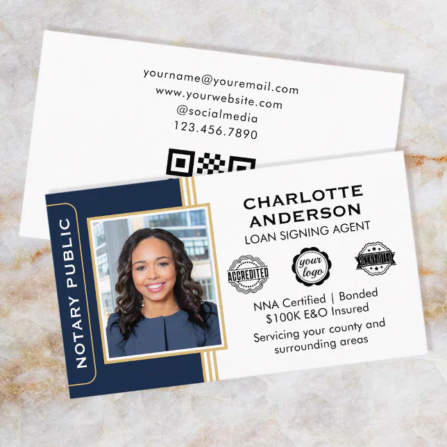 Classic Style Notary Signing Agent ID Blue Gold Business Card | Zazzle