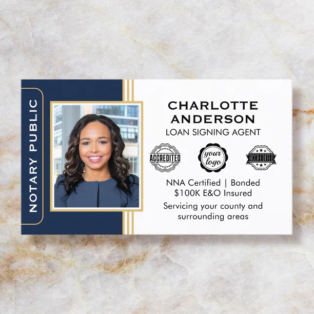 Classic Style Notary Signing Agent ID Blue Gold Business Card | Zazzle