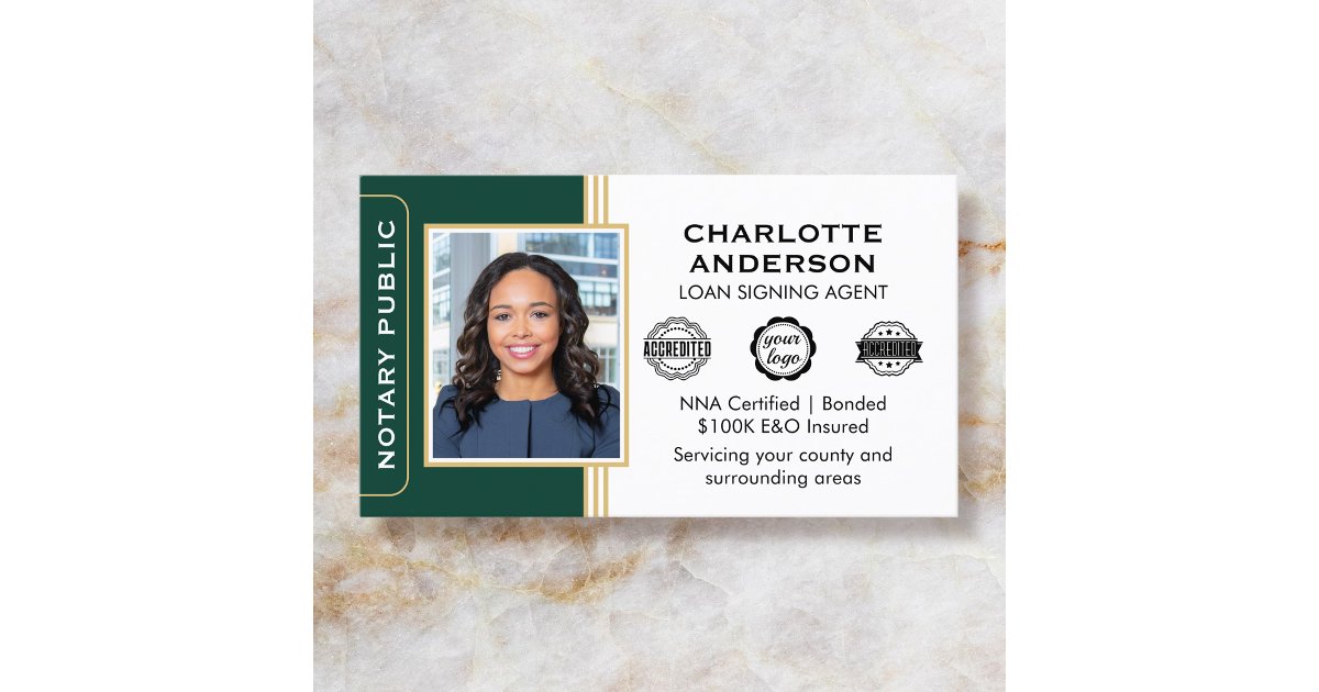 Classic Style Notary Signing Agent ID Green Gold Business Card | Zazzle