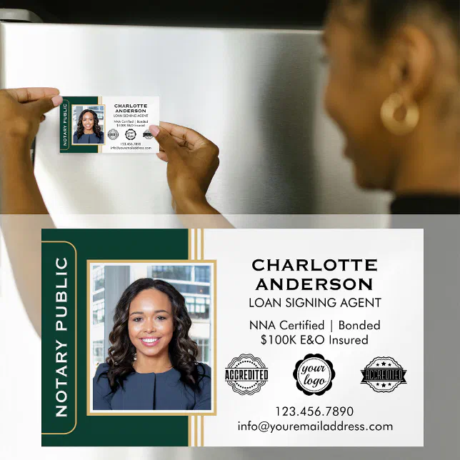 Classic Style Notary Signing Agent ID Green Gold Business Card Magnet ...