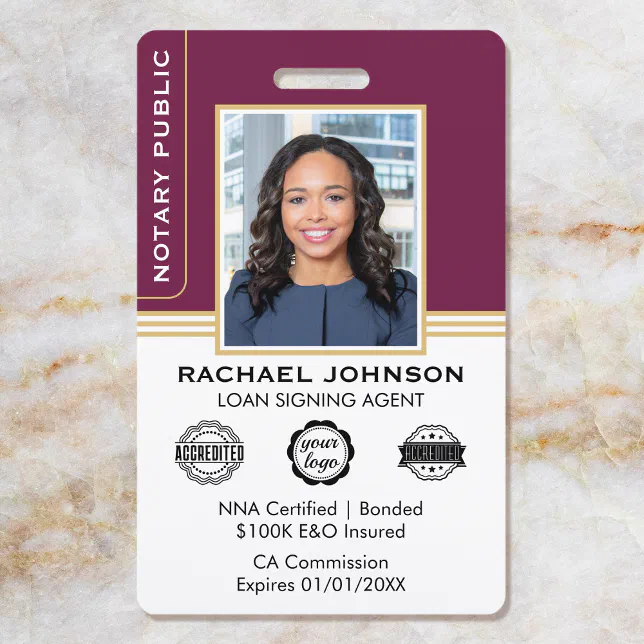 Classic Style Notary Signing Agent ID Plum Gold Badge | Zazzle