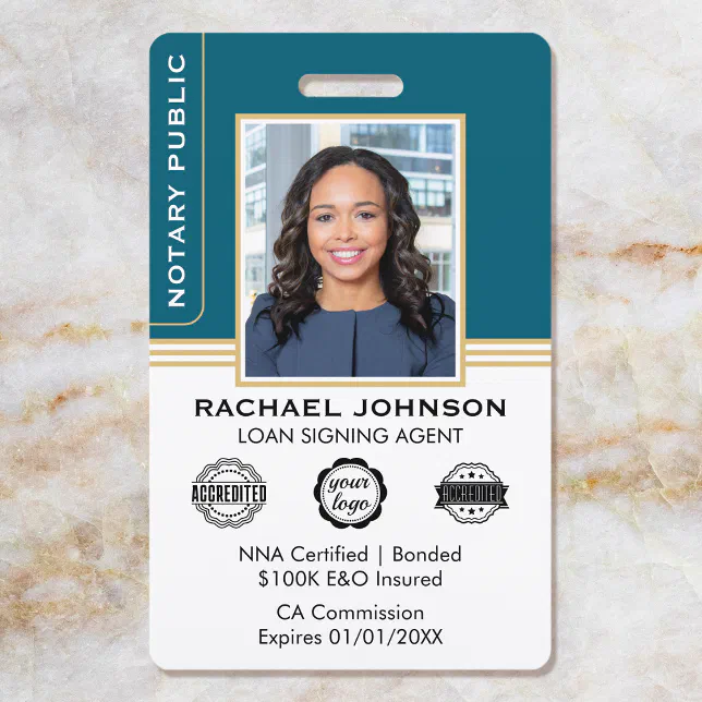 Classic Style Notary Signing Agent ID Teal Gold Badge | Zazzle