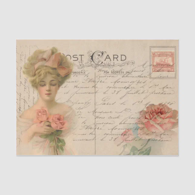 Classic Style Postcard/Victorian Lady With Roses Tissue Paper | Zazzle