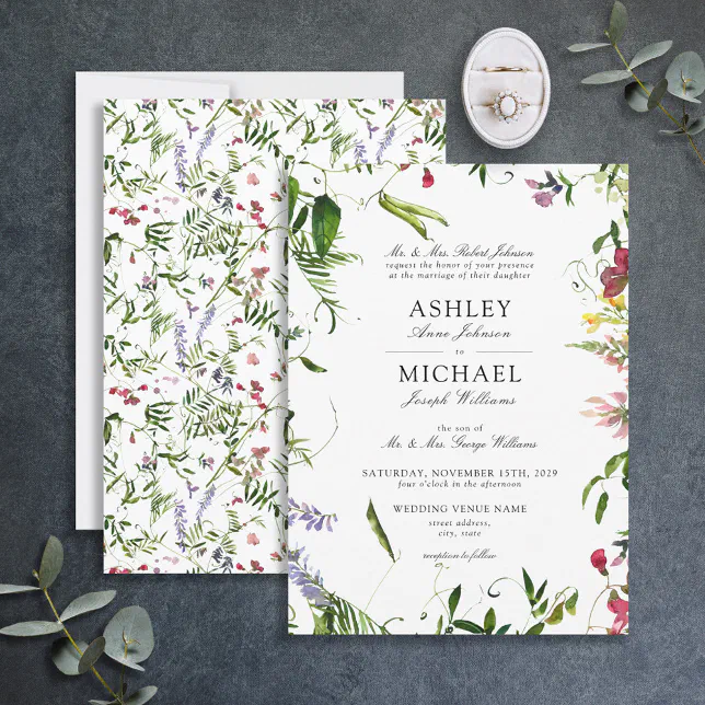 Classic Summer Wildflower Watercolor Wedding Invitation | Zazzle