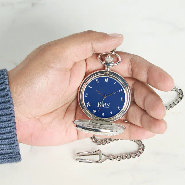 Classic Timepiece Navy Blue Silver Monogram Pocket Watch | Zazzle