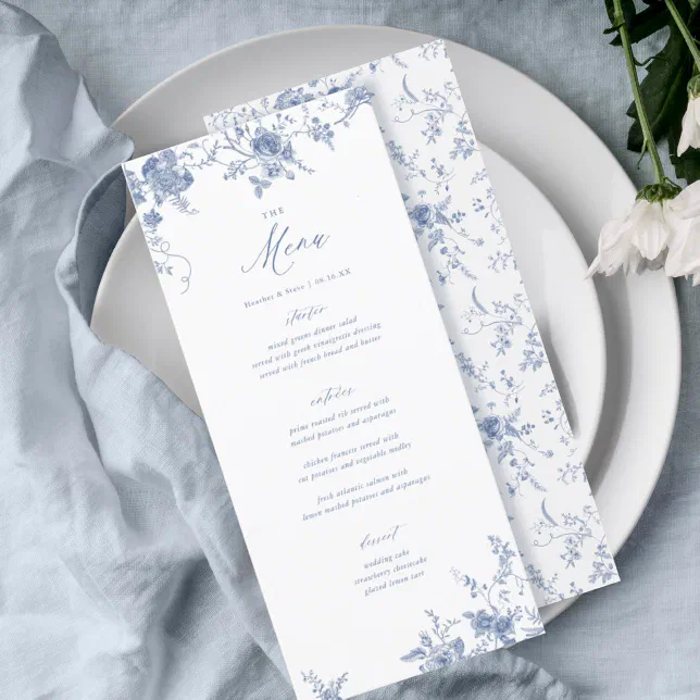 Classic Toile Blue Floral Wedding Table Menu | Zazzle