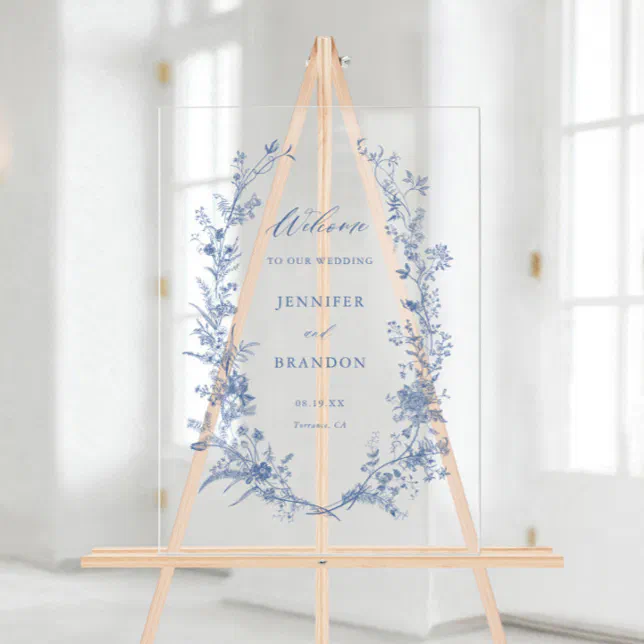 Classic Toile Blue Floral Wedding Welcome Acrylic Sign | Zazzle
