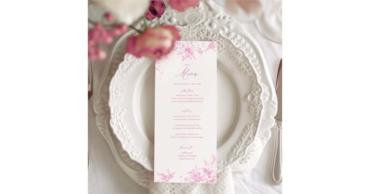 Classic Toile Pink Floral Wedding Table Menu | Zazzle