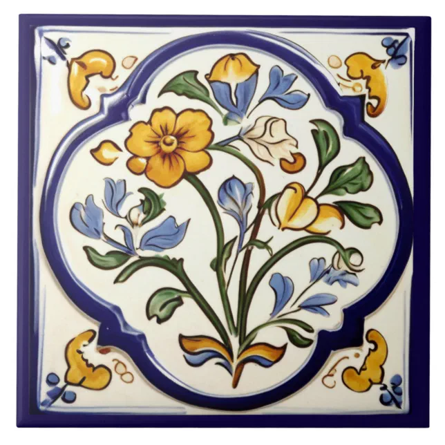 Classic Traditional Yellow Flower Blue Floral Ceramic Tile | Zazzle