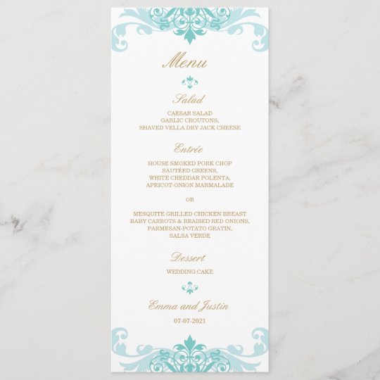 Classic Turquoise & Gold Elegant Ironworks Wedding Menu | Zazzle.com