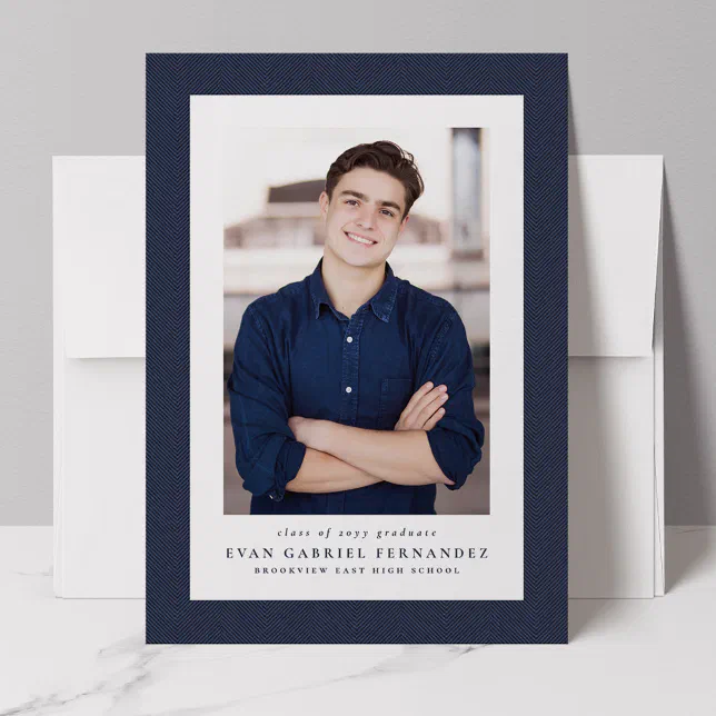 Classic tweed frame simple navy photo graduation announcement | Zazzle