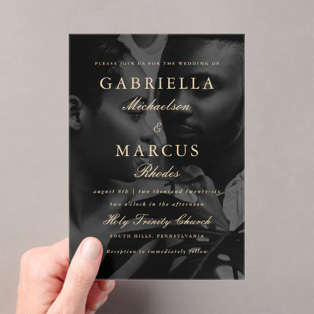 Classic Typography Overlay Photo Wedding Acrylic Invitations | Zazzle
