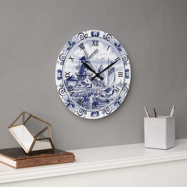 Classic Vintage Chic Dutch Windmill Delft Blue Large Clock | Zazzle