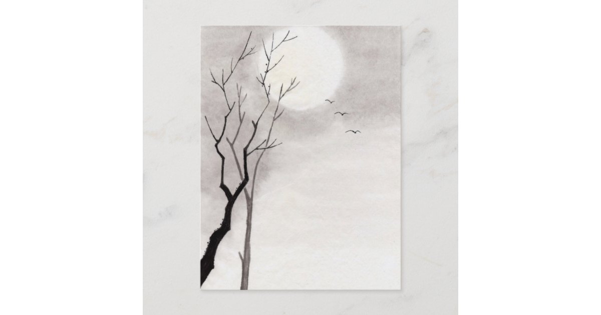 Classic vintage japanese night moon scenery sumi-e postcard | Zazzle