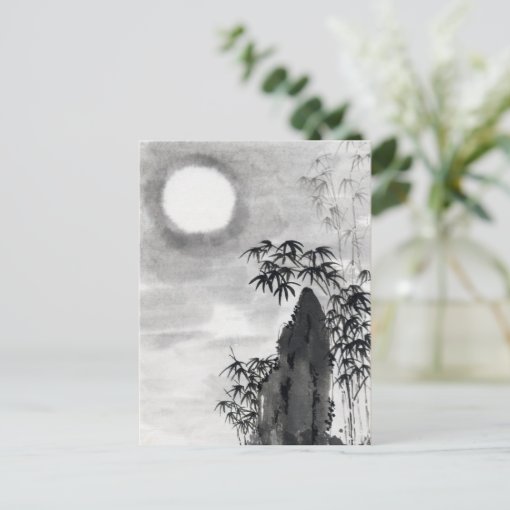 Classic vintage japanese night moon scenery sumi-e postcard | Zazzle